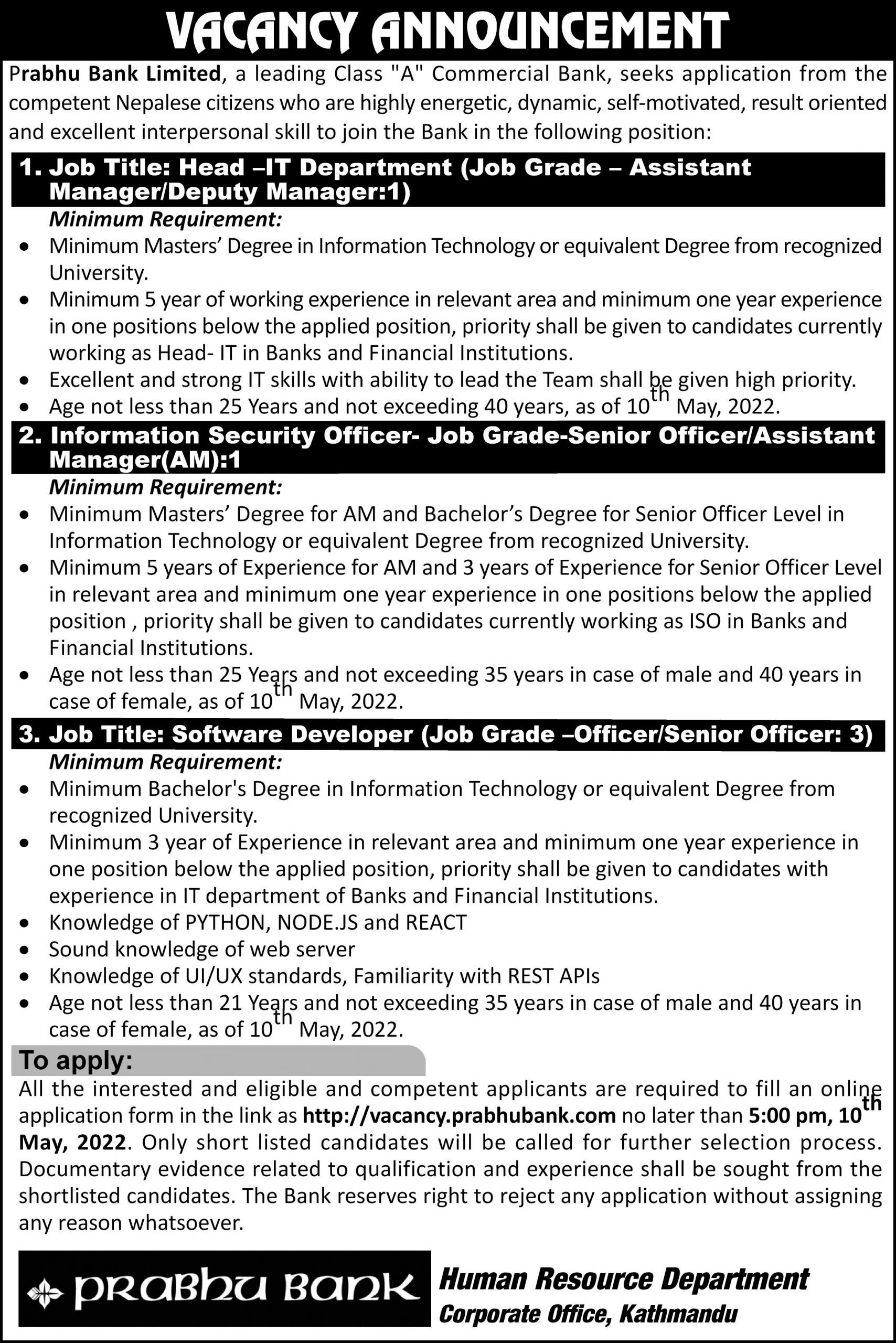 Job Vacancy in Prabhu Bank - BBS Notes