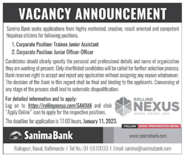 Job Vacancy in Sanima Bank - BBS Notes