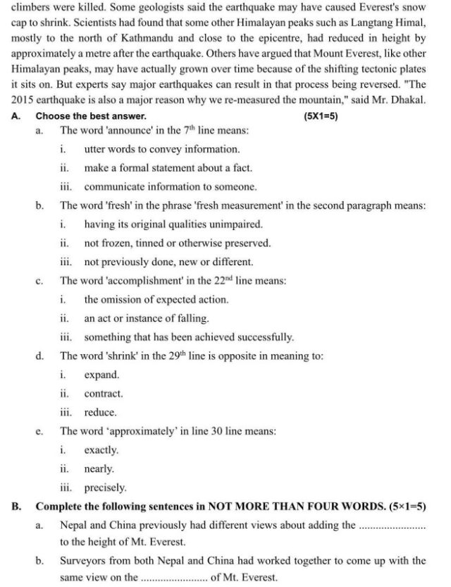 NEB Garde 11 English Model Question Paper - BBS Notes